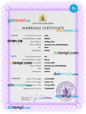 United Kingdom marriage certificate PSD template, fully editable