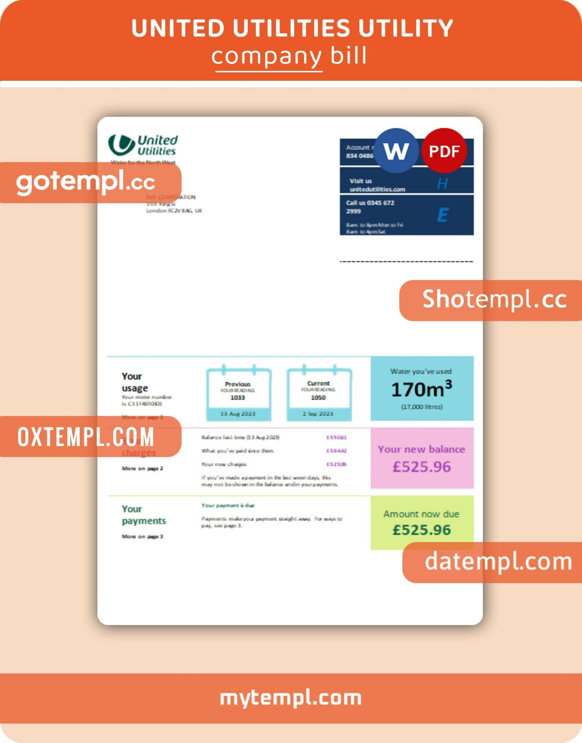 United Utilities business utility bill, Word and PDF template