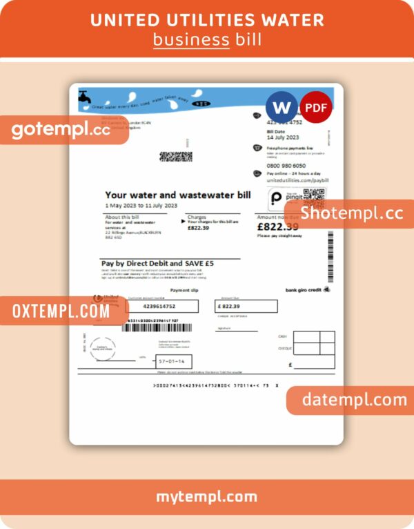 United Utilities water business utility bill, Word and PDF template