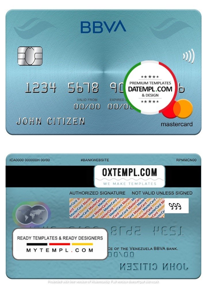 Venezuela BBVA bank mastercard, fully editable template in PSD format