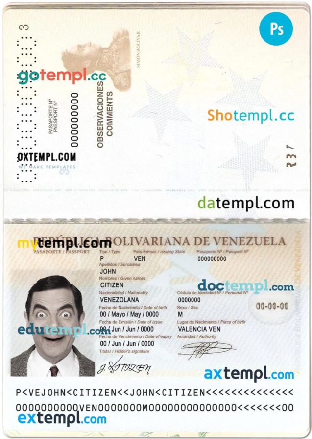 Venezuela passport PSD files, scan and photo look templates, 2 in 1