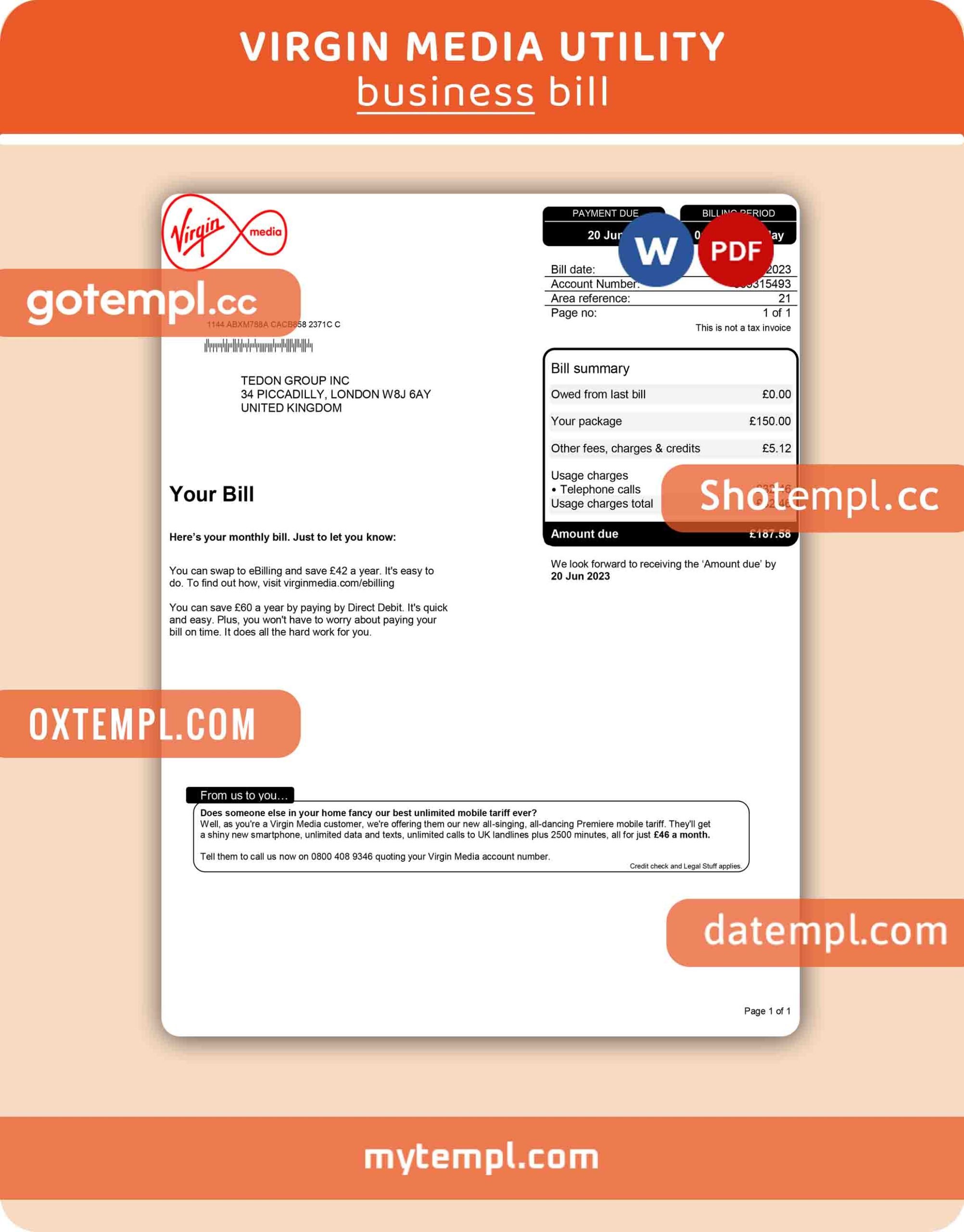 Virgin Media business utility billl, PDF and WORD template