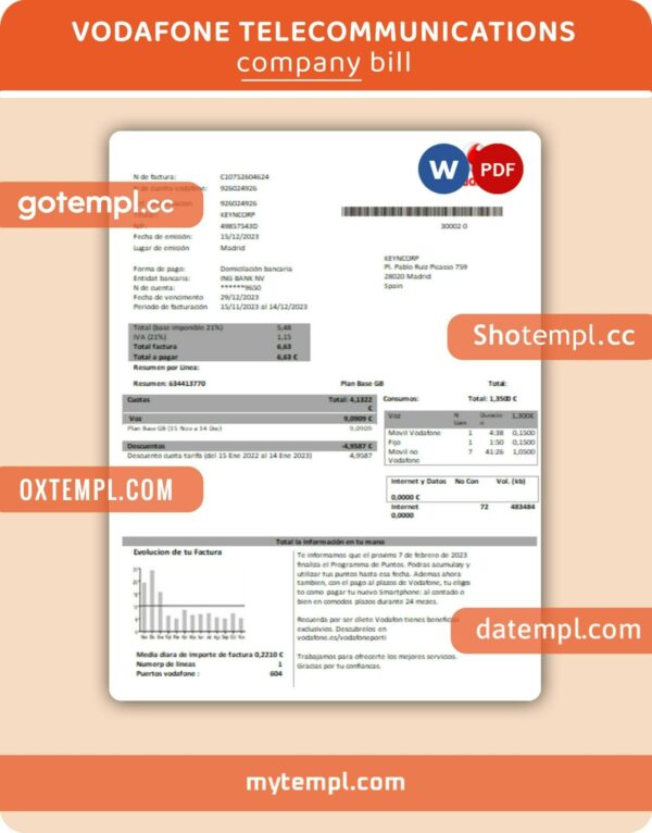 Vodafone telecommunications business utility bill, Word and PDF template
