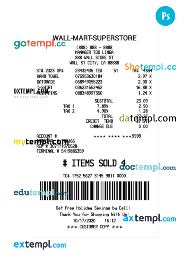 WALL-MART-SUPERSTORE payment receipt PSD template