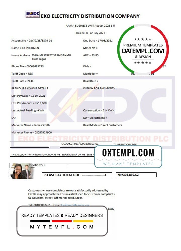 Nigeria Eko Electricity Distribution Company (EKEDC) utility bill ...