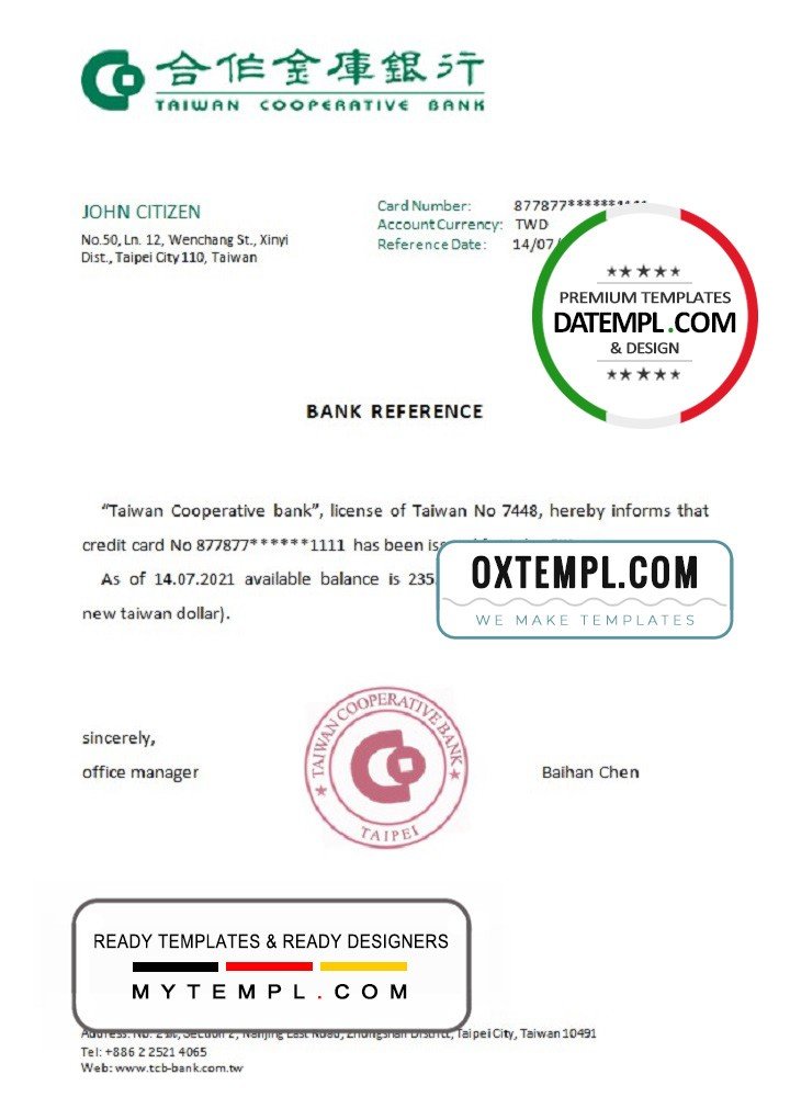 Taiwan Cooperative Bank account reference letter template in Word and ...