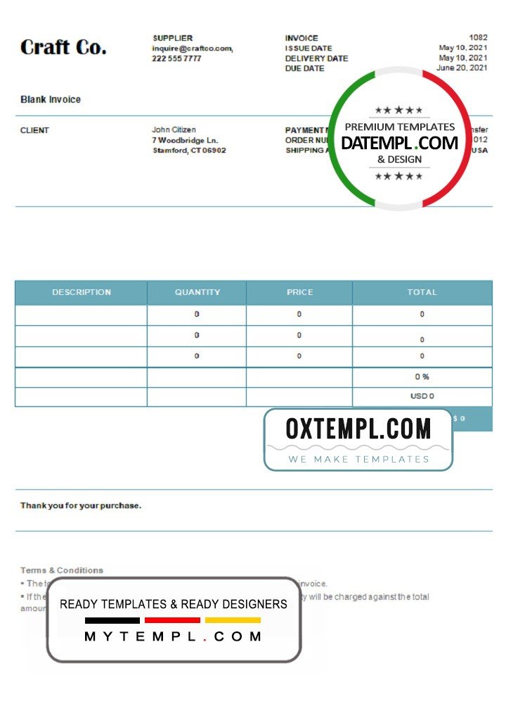 USA Craft Co. invoice template in Word and PDF format, fully editable