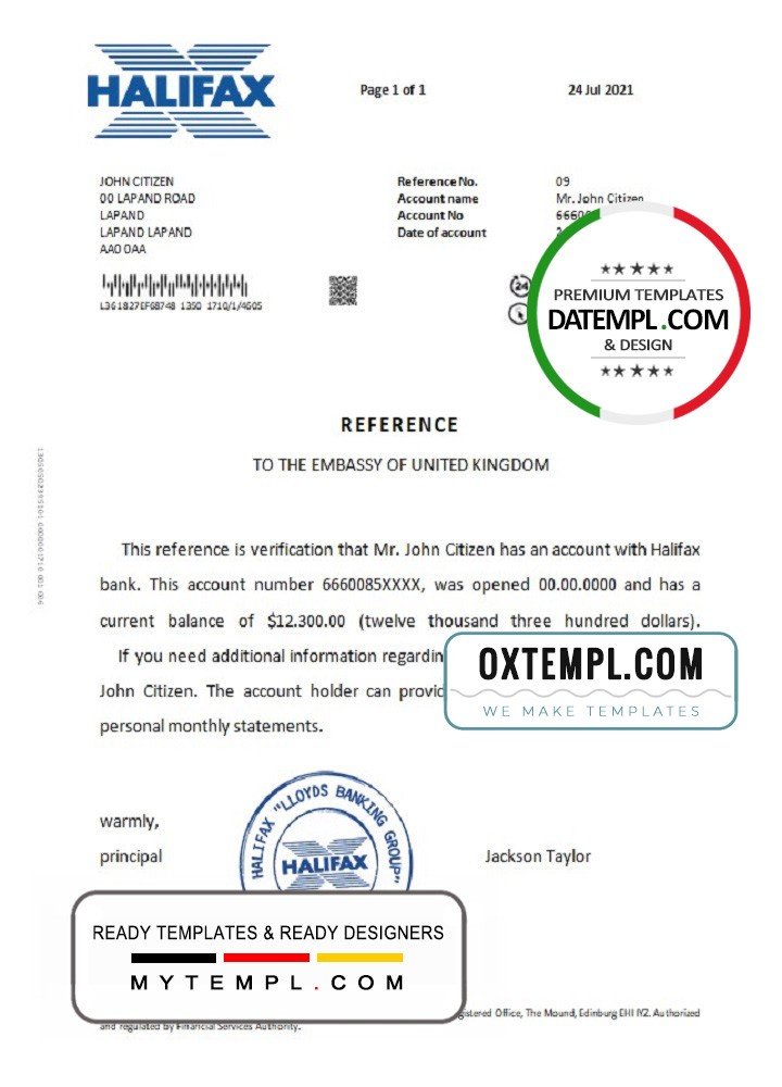 United Kingdom Halifax bank reference letter template in Word and PDF ...