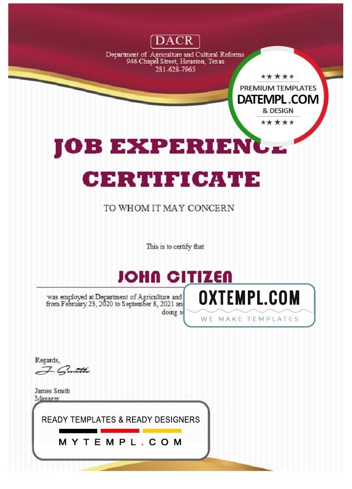 USA Job experience certificate template in Word and PDF format