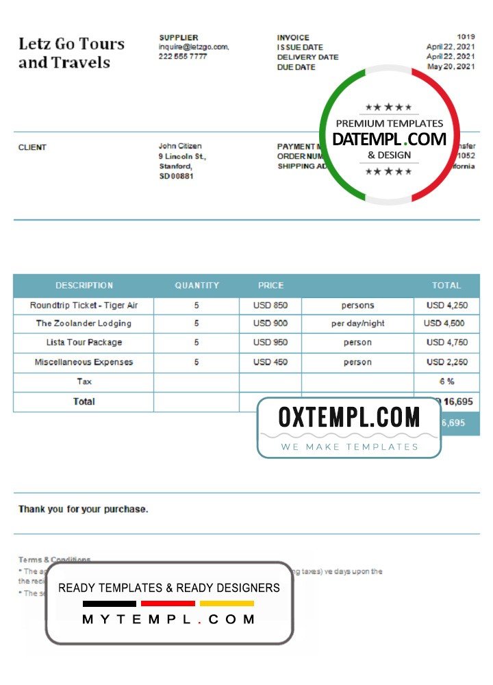 USA Letz Go Tours and Travels invoice template in Word and PDF format ...