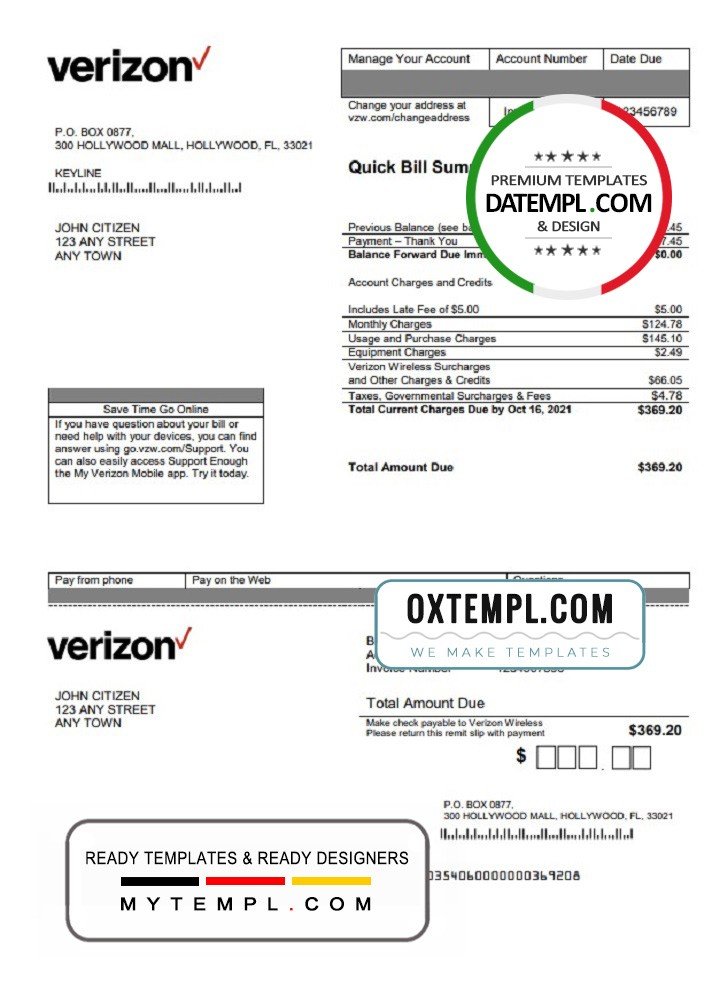 USA Verizon utility bill template in Word format, fully editable, version 2