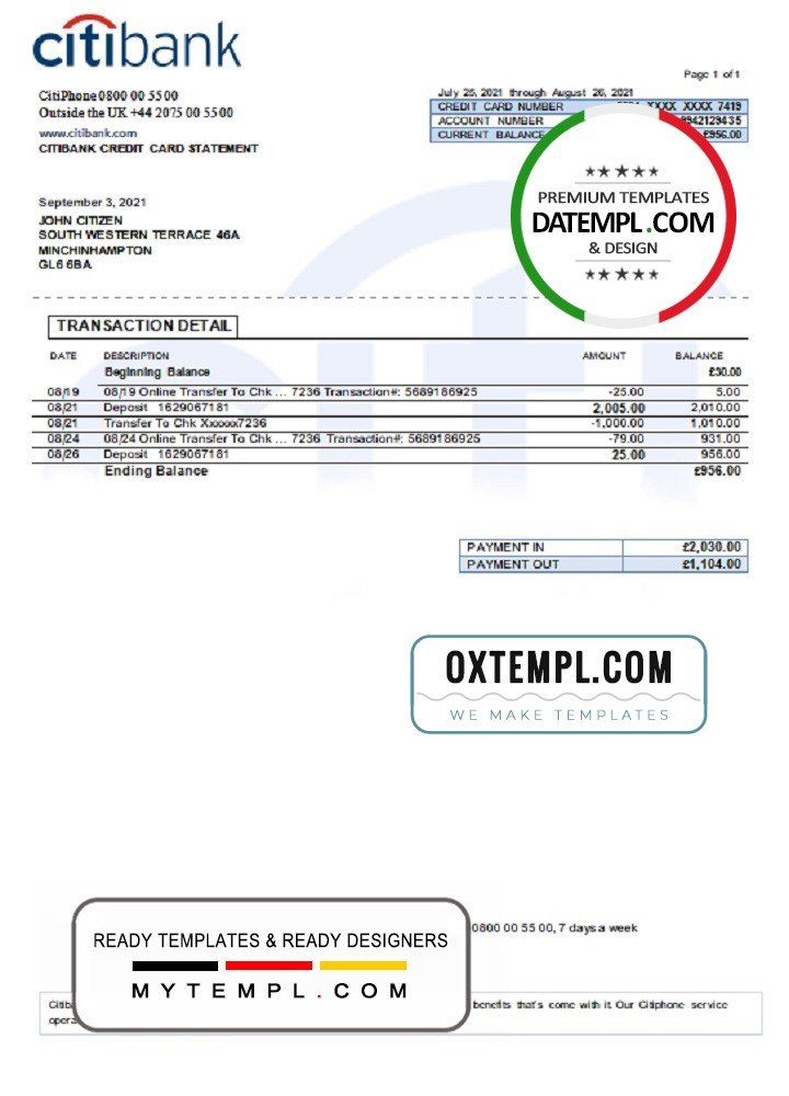 United Kingdom Citibank bank statement template in .xls and .pdf format