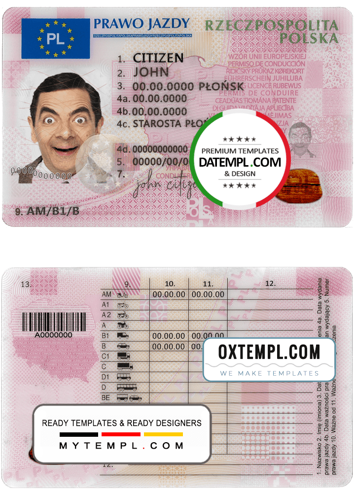 Poland driving license template in PSD format, fully editable, 2019 ...