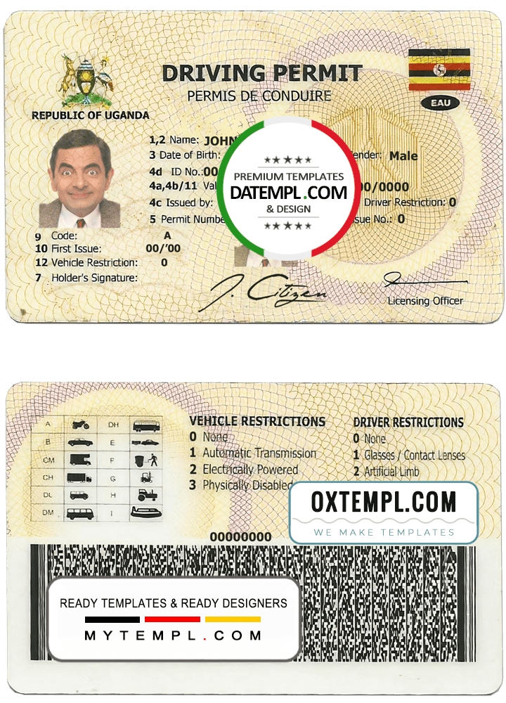 Uganda driving license template in PSD format, fully editable