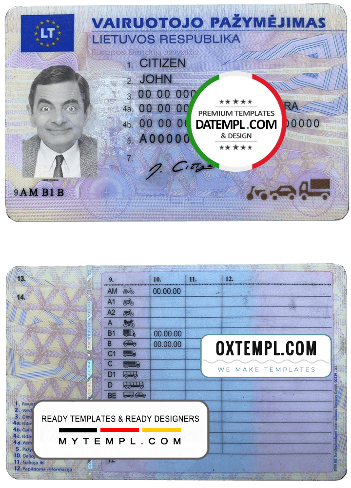 Lithuania (Litva) driving license template in PSD format, fully editable