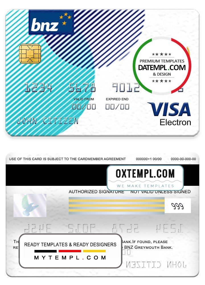 New Zealand BNZ Greymouth bank visa electron card, fully editable ...