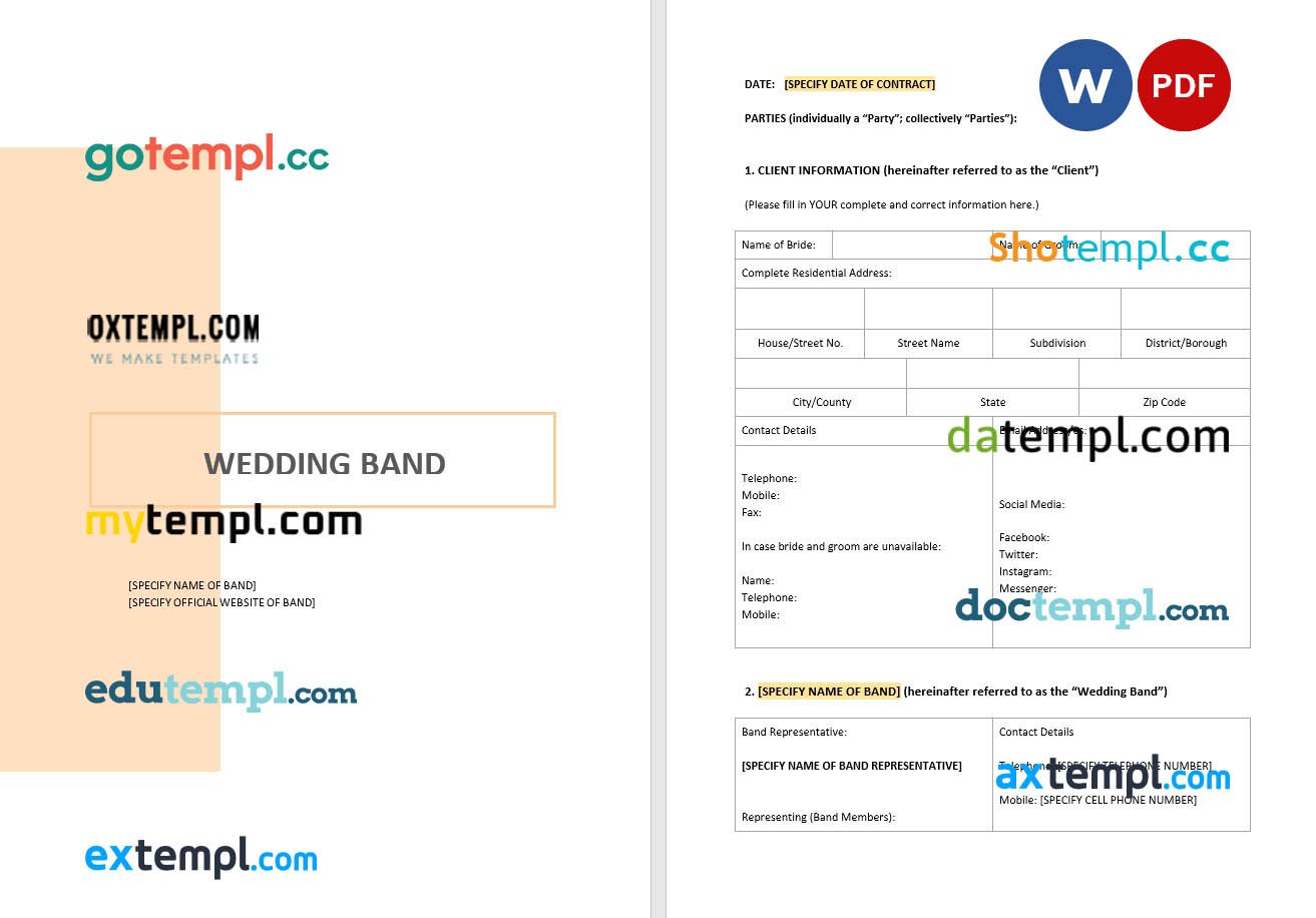 free wedding band contract template, Word and PDF format – gotempl.cc