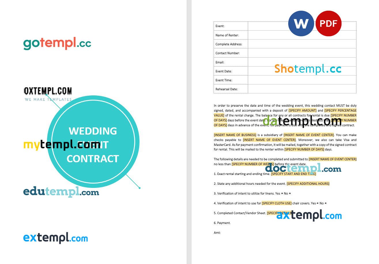 free wedding event contract template, Word and PDF format