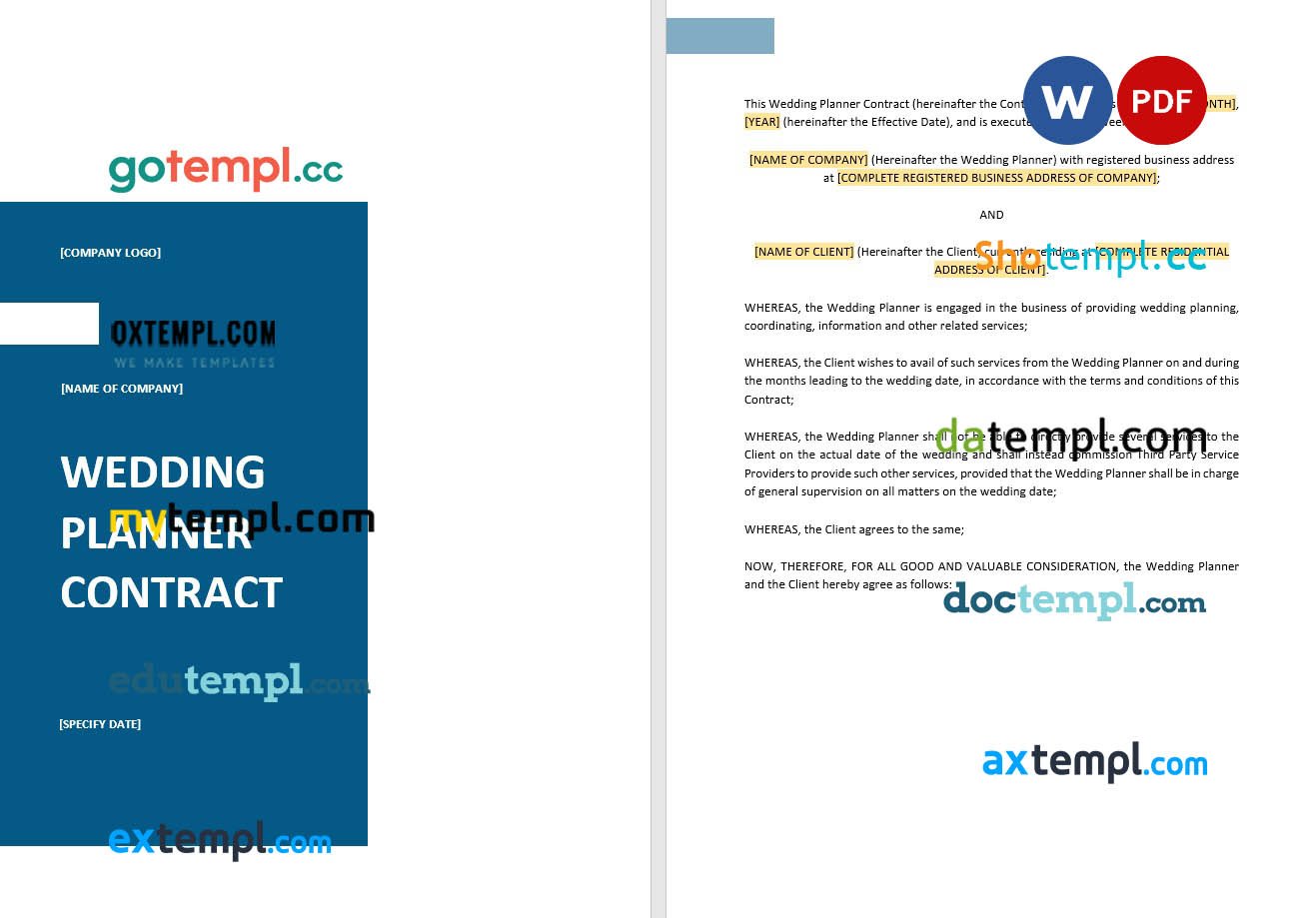 free wedding planner contract template, Word and PDF format