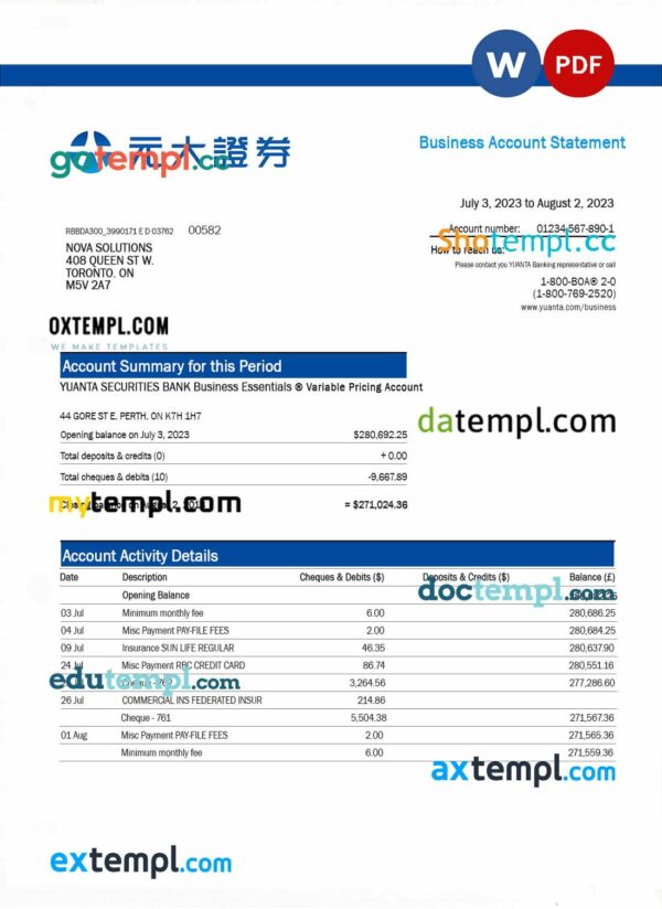 Yuanta Securities Bank organization account statement Word and PDF template