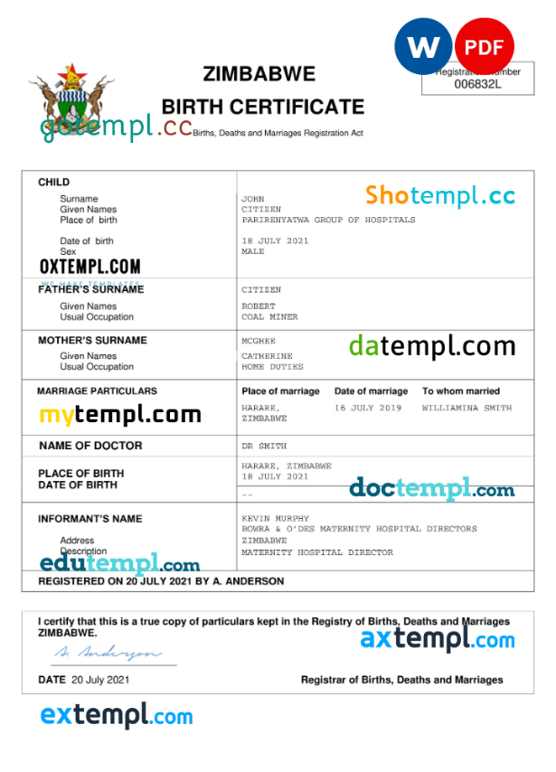 Zimbabwe vital record birth certificate Word and PDF template ...