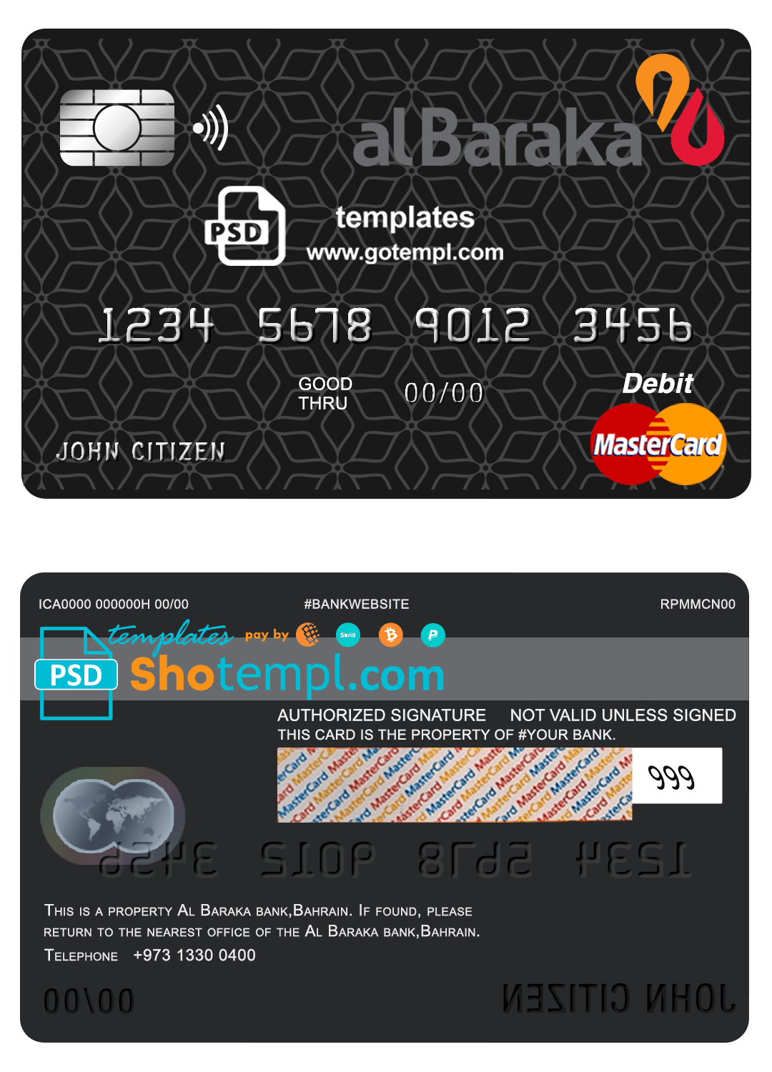 Bahrain Al Baraka bank mastercard debit card template in PSD format ...
