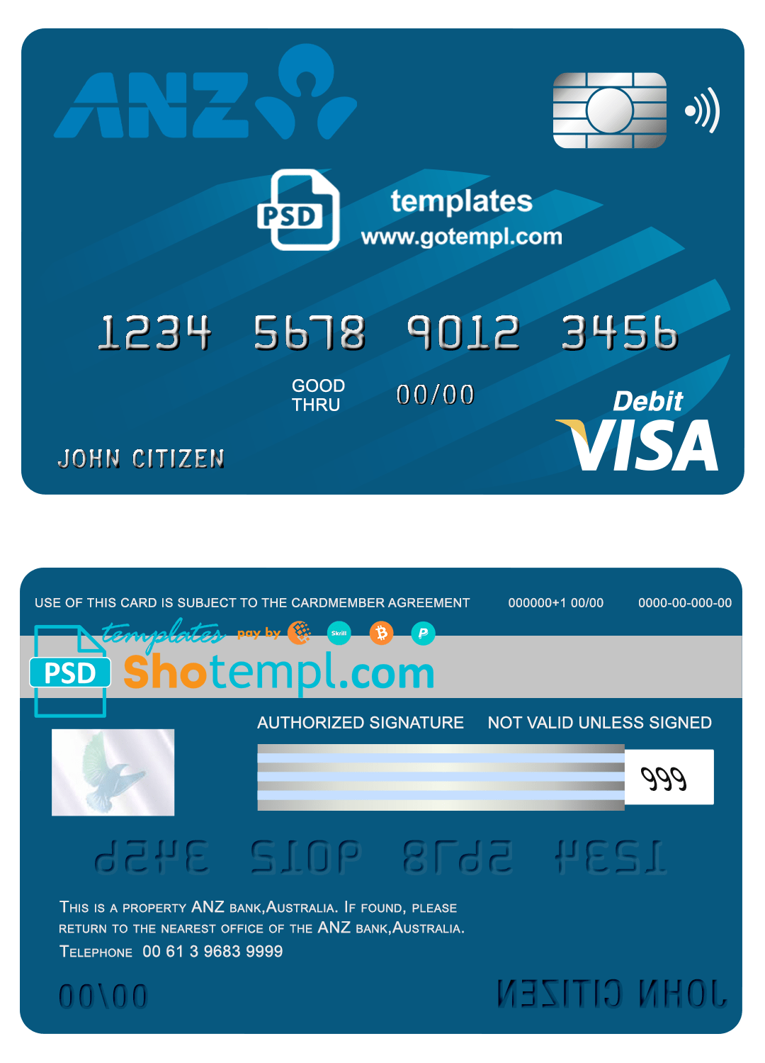Australia ANZ bank visa card debit card template in PSD format, fully editable