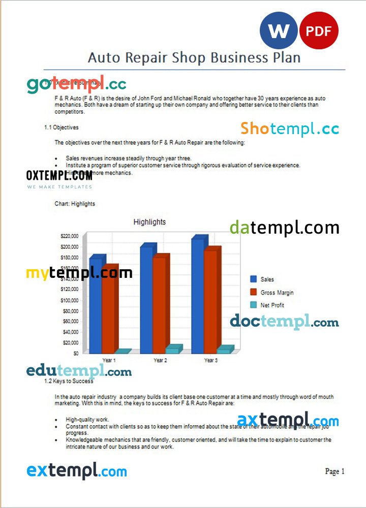 free auto repair shop business plan template in Word and PDF formats