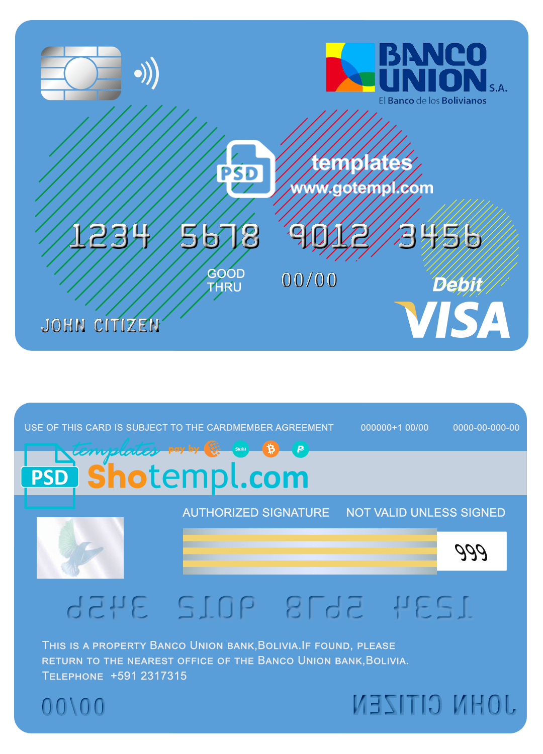 Bolivia Banco Union bank visa card debit card template in PSD format ...