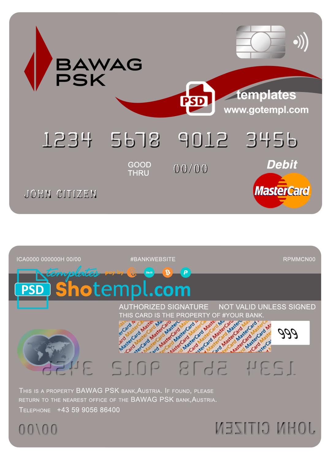 Austria BAWAG PSK bank mastercard debit card template in PSD format, fully editablc
