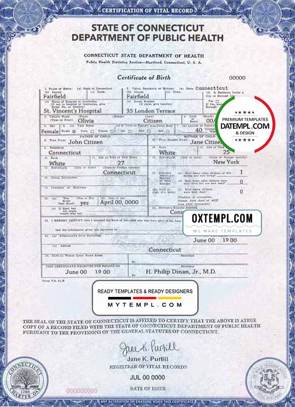 USA Connecticut state birth certificate template in PSD format, fully ...