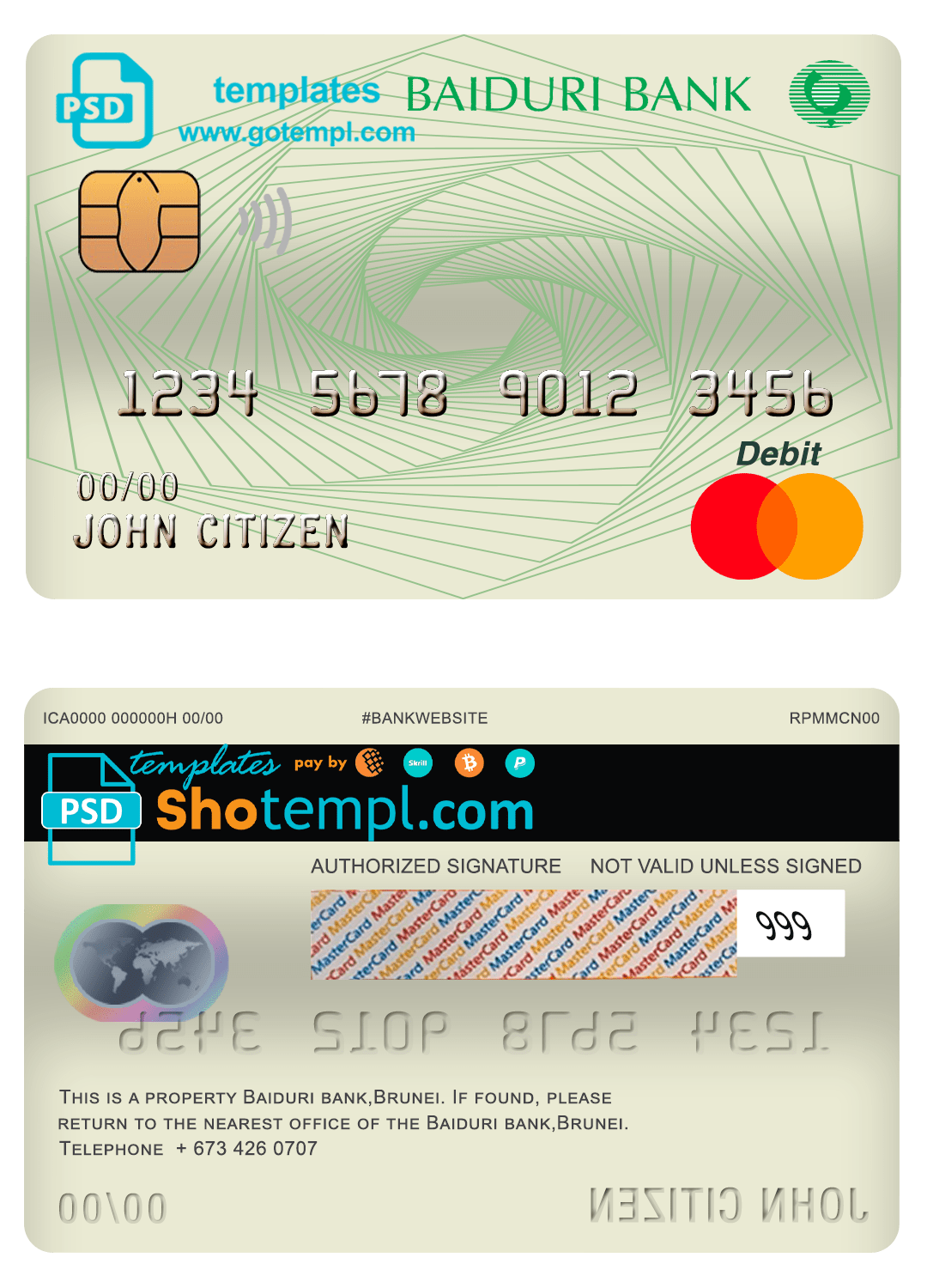 Brunei Baiduri Bank mastercard debit card template in PSD format, fully ...