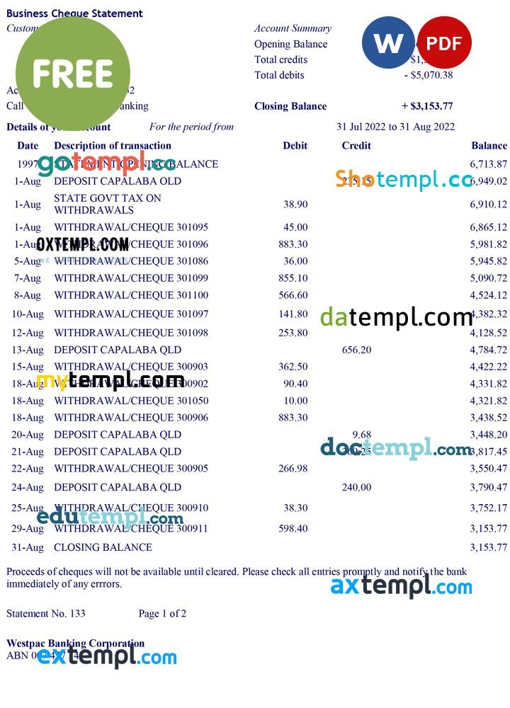 business cheque statement Word and PDF template