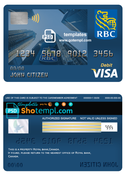 Canada Royal Bank of Canada (RBC) bank visa card debit card template in ...
