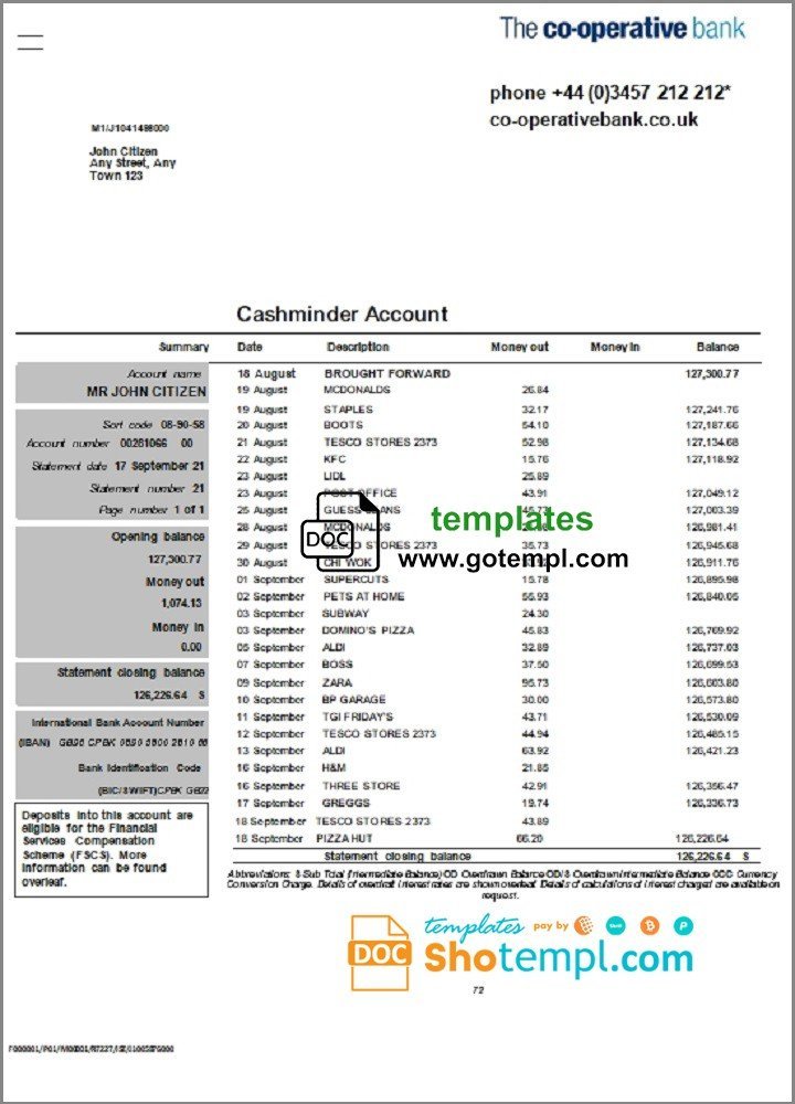 United Kingdom The Co-operative bank statement in Word and PDF format