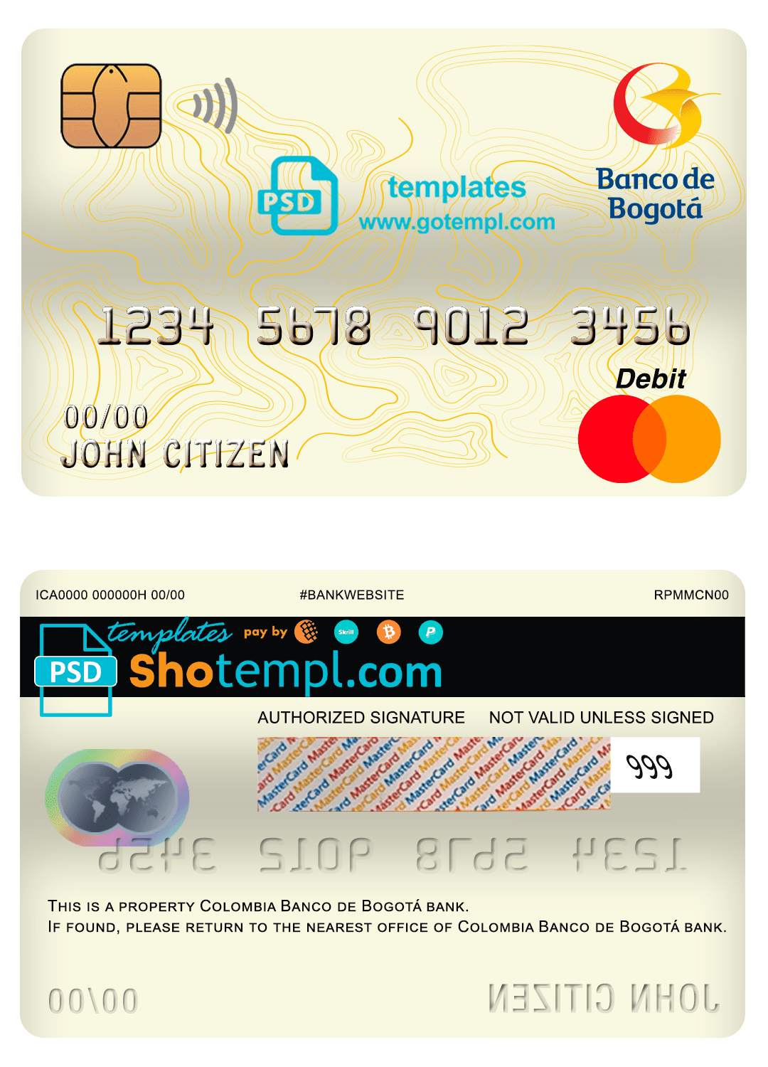 Colombia Banco de Bogotá bank mastercard debit card template in PSD ...