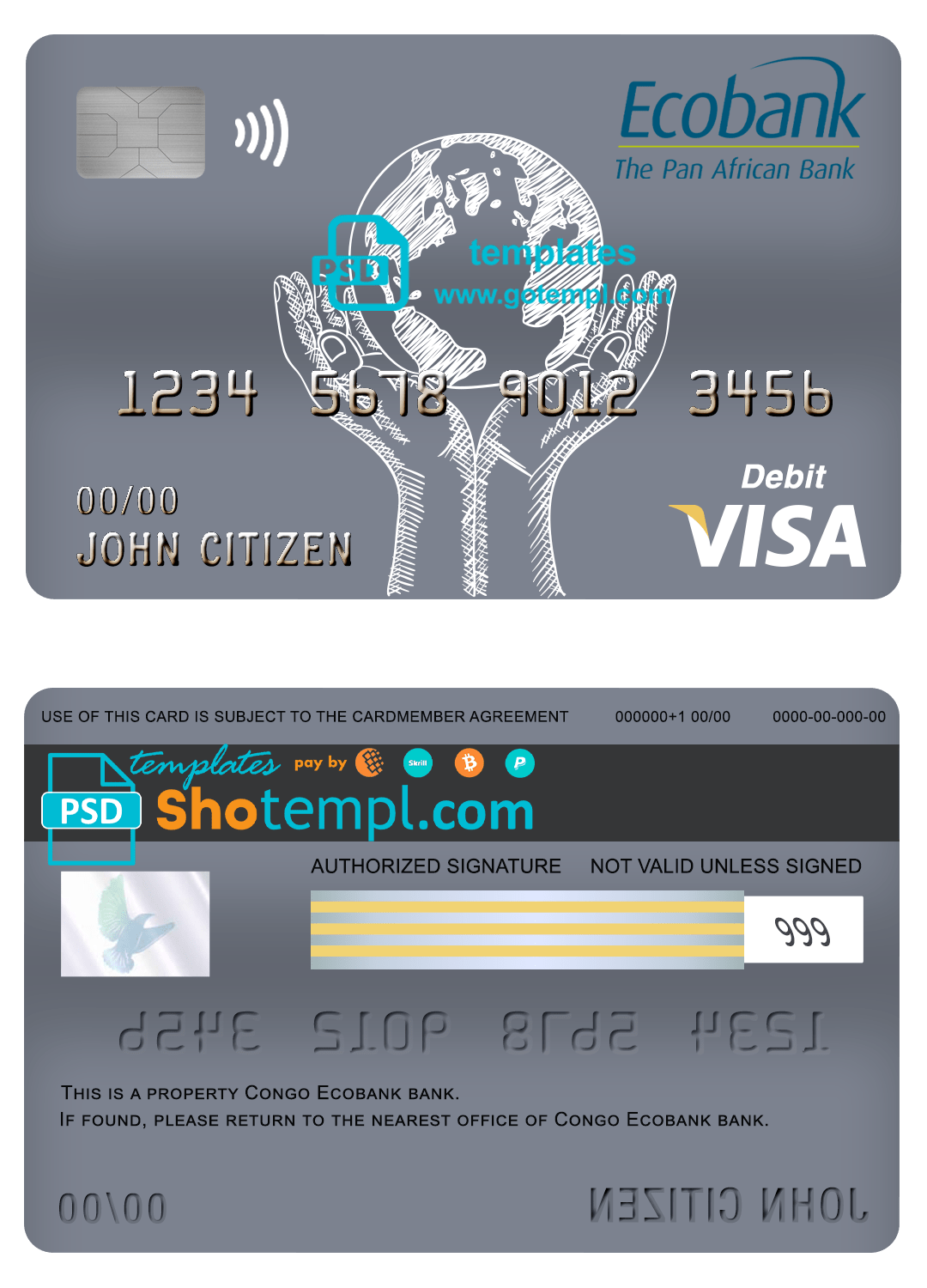 Congo Ecobank bank visa card debit card template in PSD format, fully ...