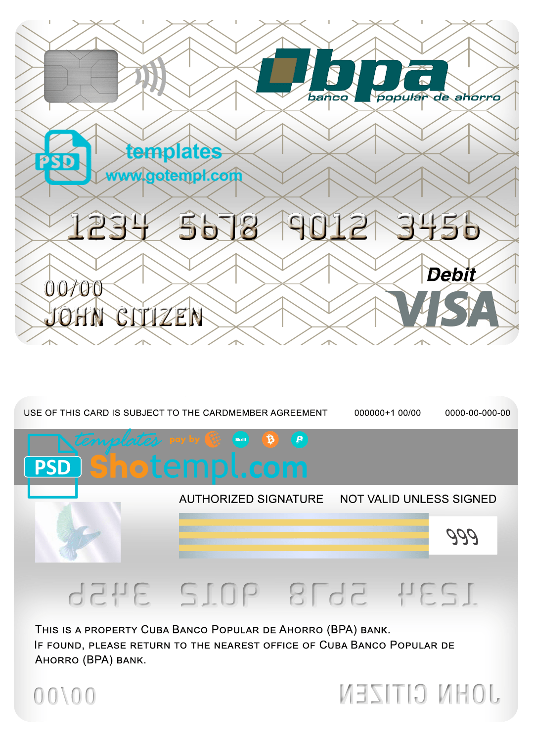 Cuba Banco Popular de Ahorro (BPA) bank visa card debit card template ...