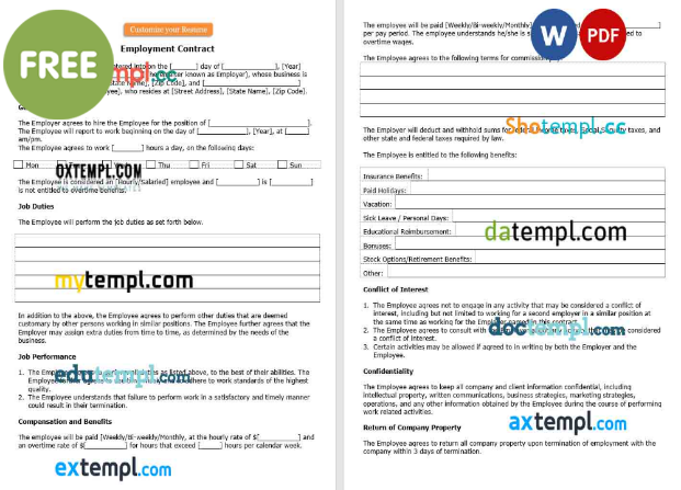 free employment contract template, Word and PDF format