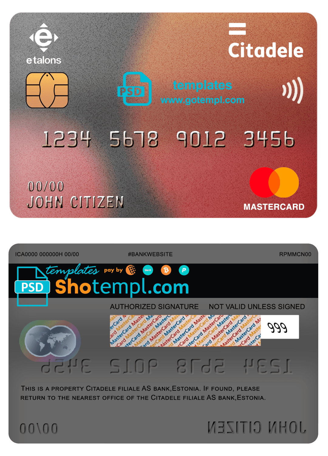 Estonia Citadele bank mastercard template in PSD format, fully editable