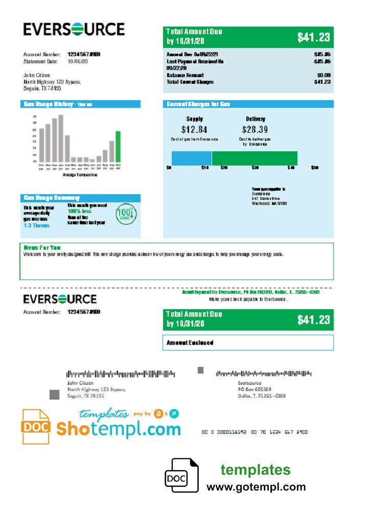 USA Eversource gas utility bill template in Word and PDF format, good ...