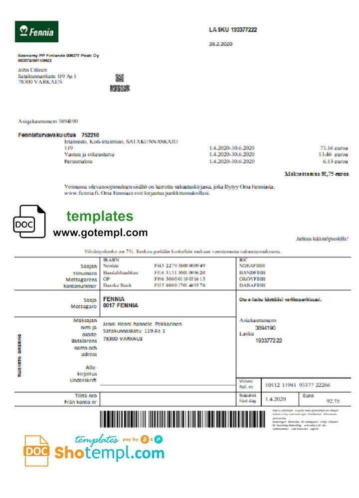 Finland Fennia Insurance company bill template in Word and PDF format