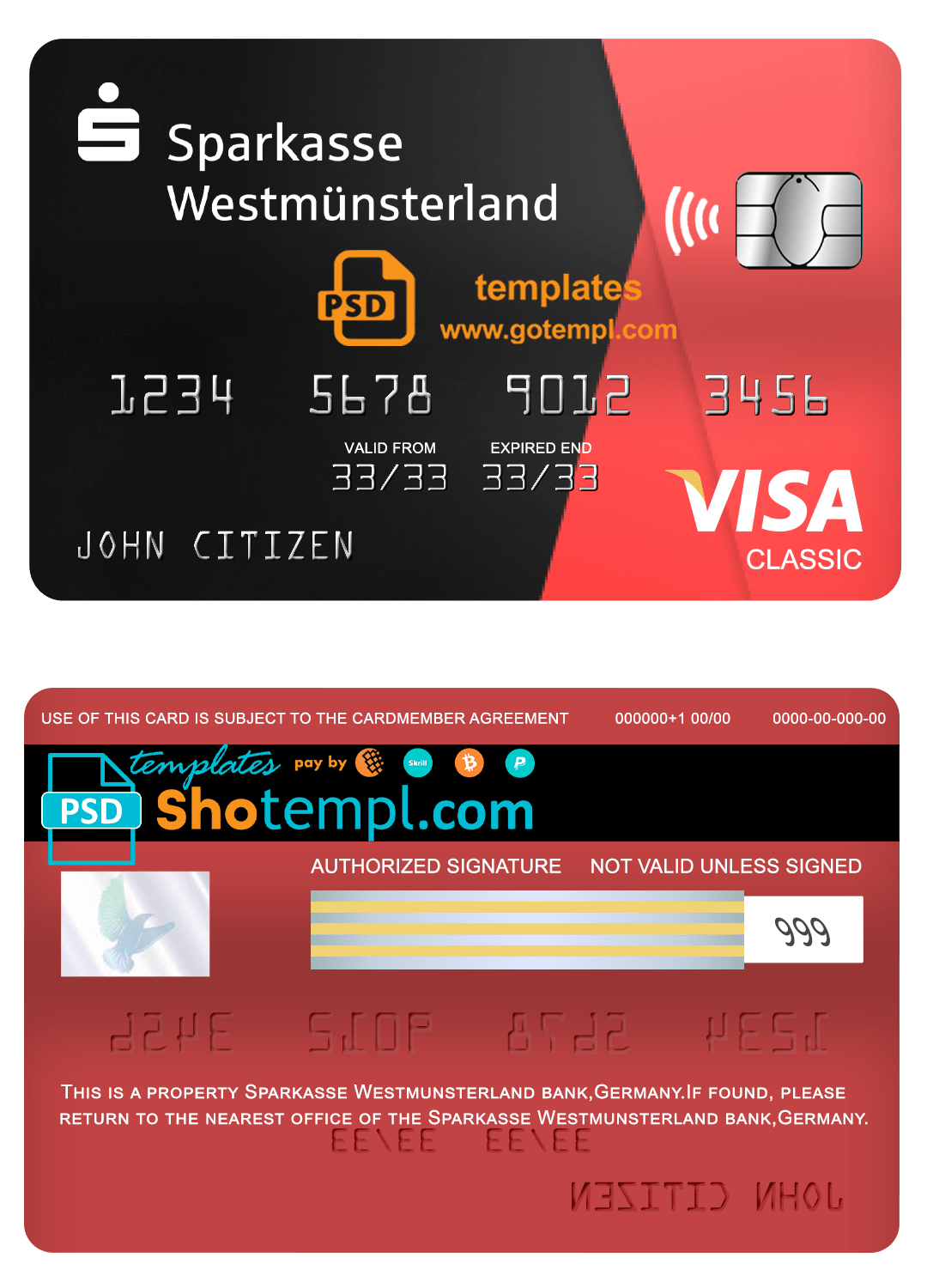 Germany Sparkasse Westmunsterland bank visa classic card template in ...