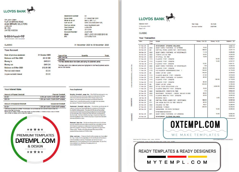 United Kingdom Lloyds bank statement template in Excel and PDF format (2 pages)