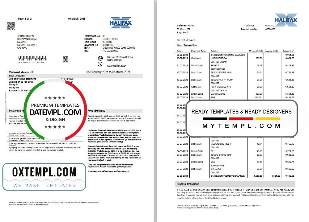 United Kingdom Halifax bank proof of address statement template in Word ...
