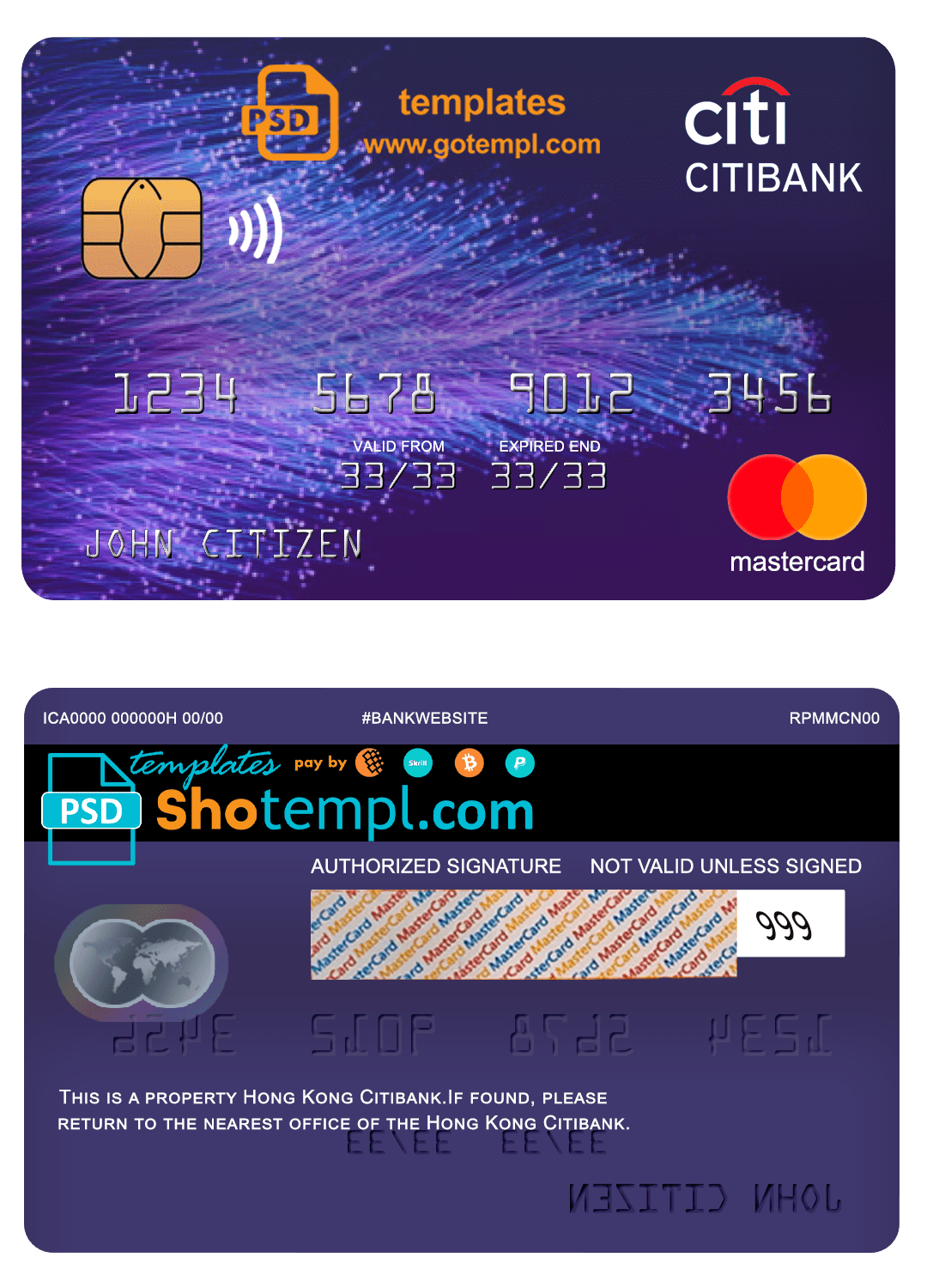 Hong Kong Citibank mastercard template in PSD format, fully editable