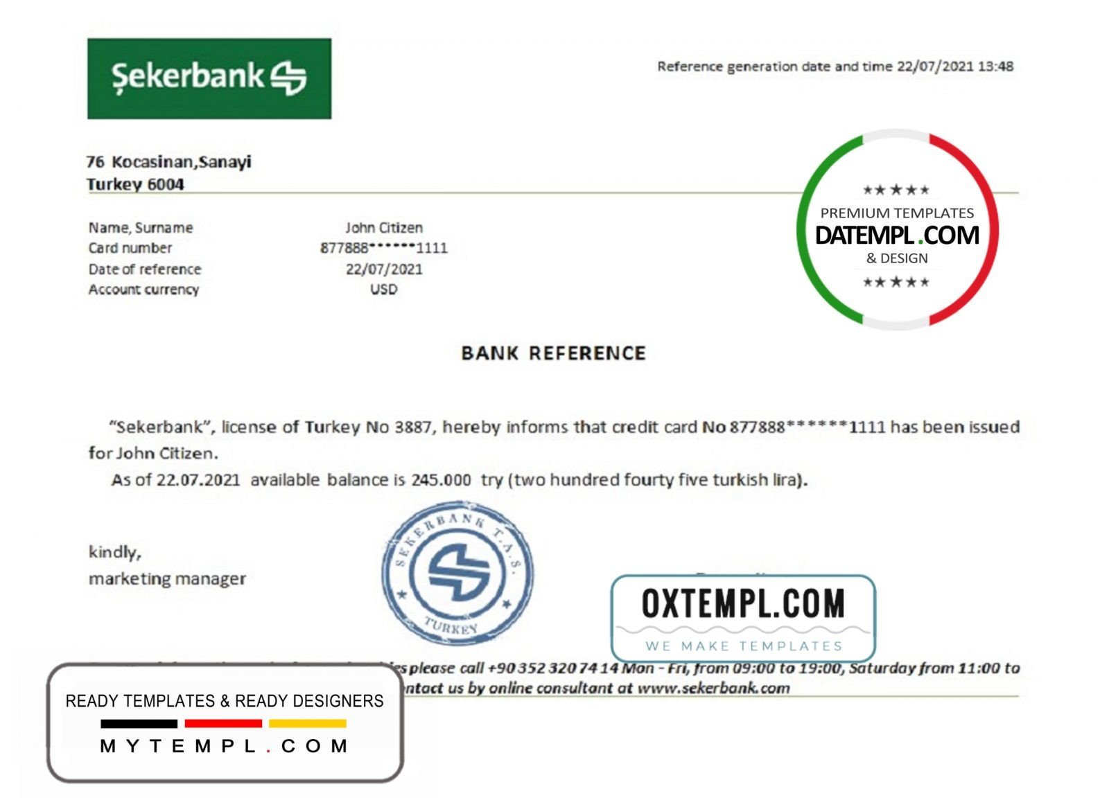 Turkey Sekerbank reference letter template in Word and PDF format