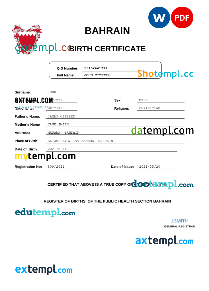 Bahrain vital record birth certificate Word and PDF template