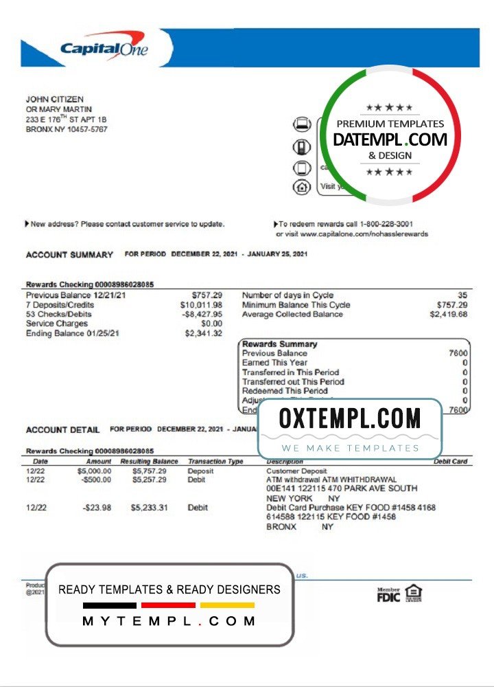 USA Capital One bank statement template in Word and PDF format, version 4