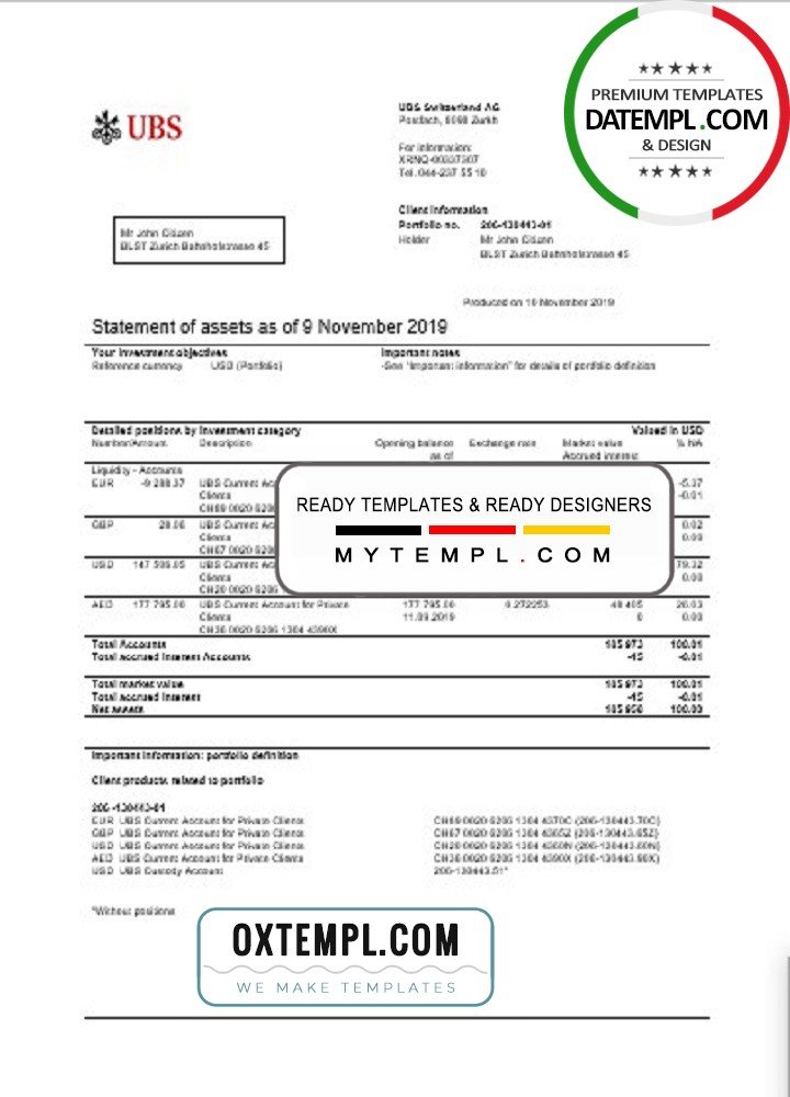 Switzerland UBS bank statement template in .xls and .pdf file format ...